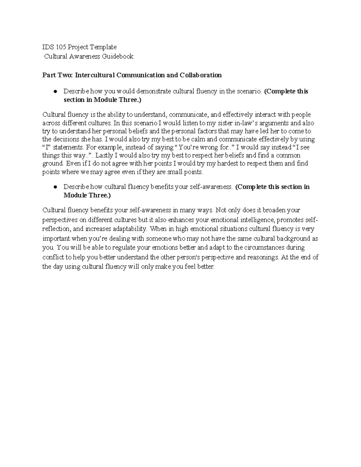 IDS 105 Project part 2 - IDS 105 Project Template Cultural Awareness ...