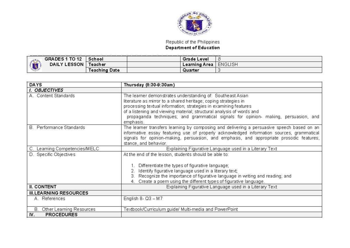 8AS SEMI Lesson Plan: Exploring Figurative Language in English - Studocu