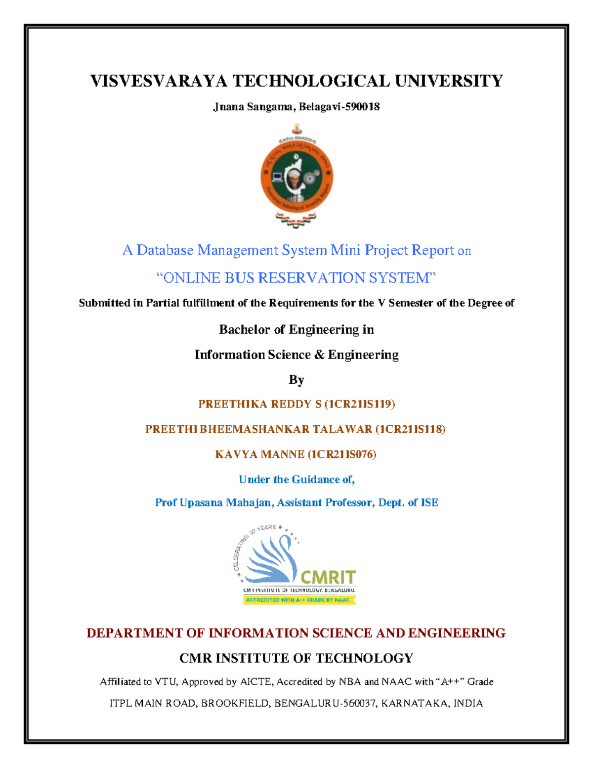 DBMS Mini Project Report: Online Bus Reservation System (ISE 2023-24 ...