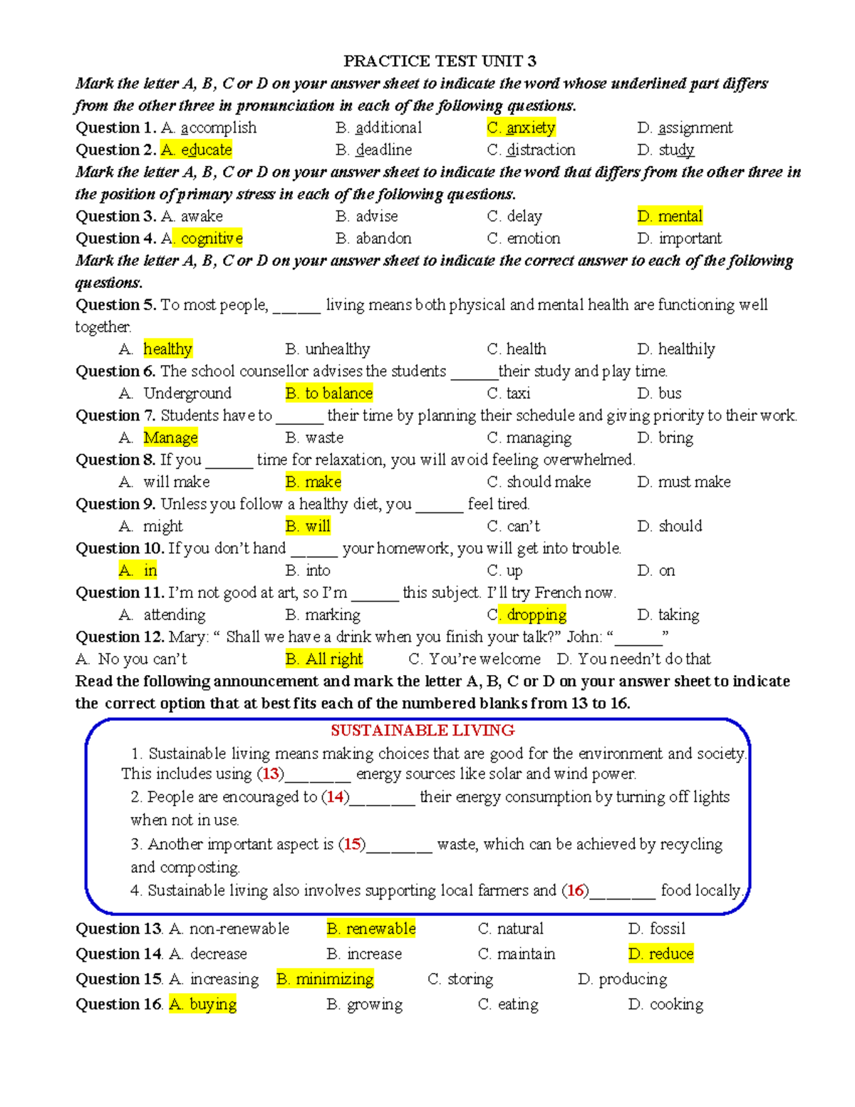 3.2 Practice Test Unit 3: Pronunciation and Stress Evaluation - Studocu