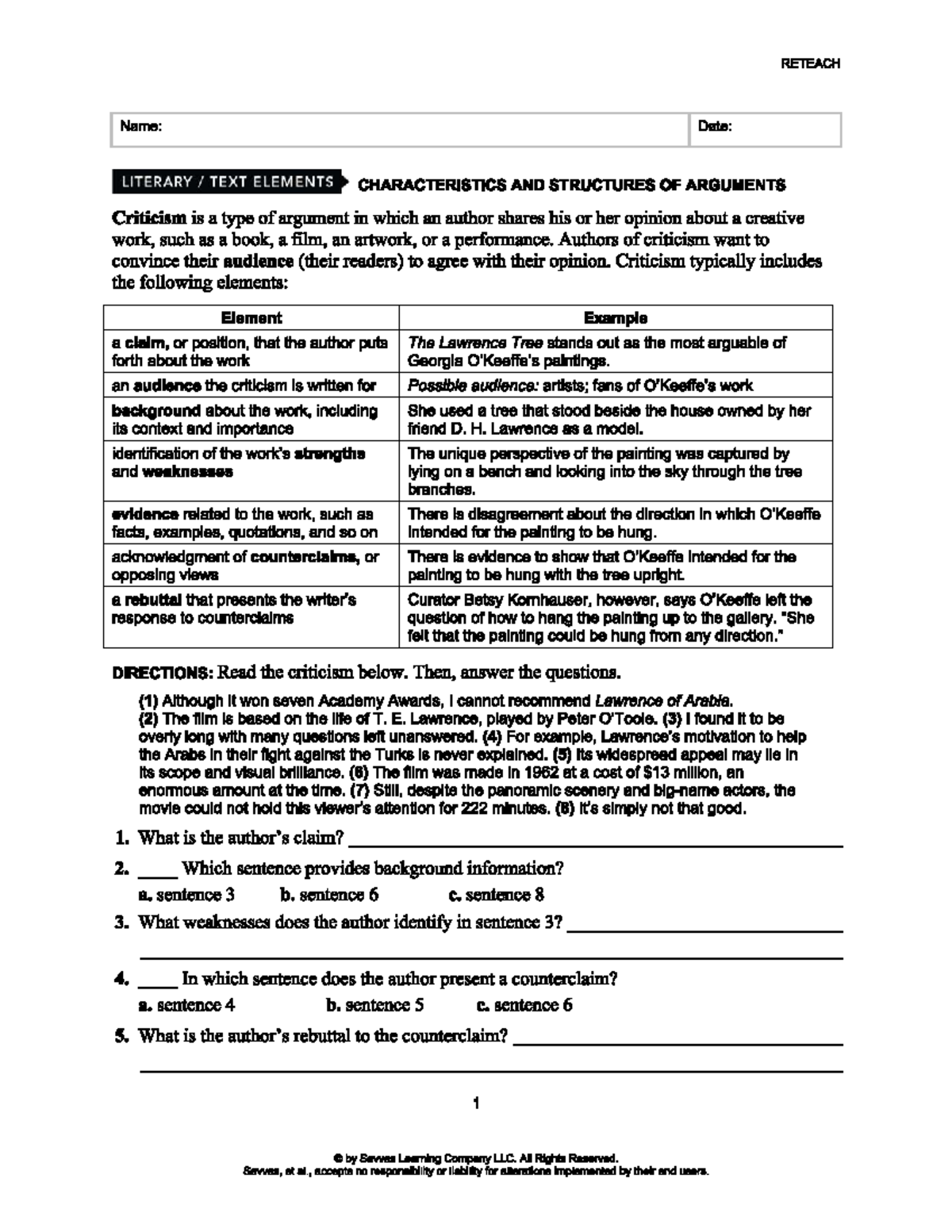 LITERARY TEXT ELEMENTS: CHARACTERISTICS OF ARGUMENTS (RETEACH) - Studocu
