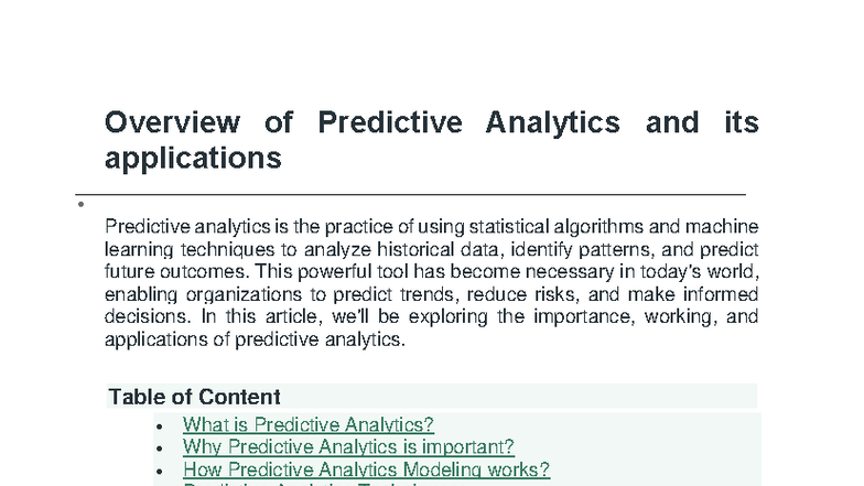 Unit-1 Part-1: Overview of Predictive Analytics and Its Applications ...