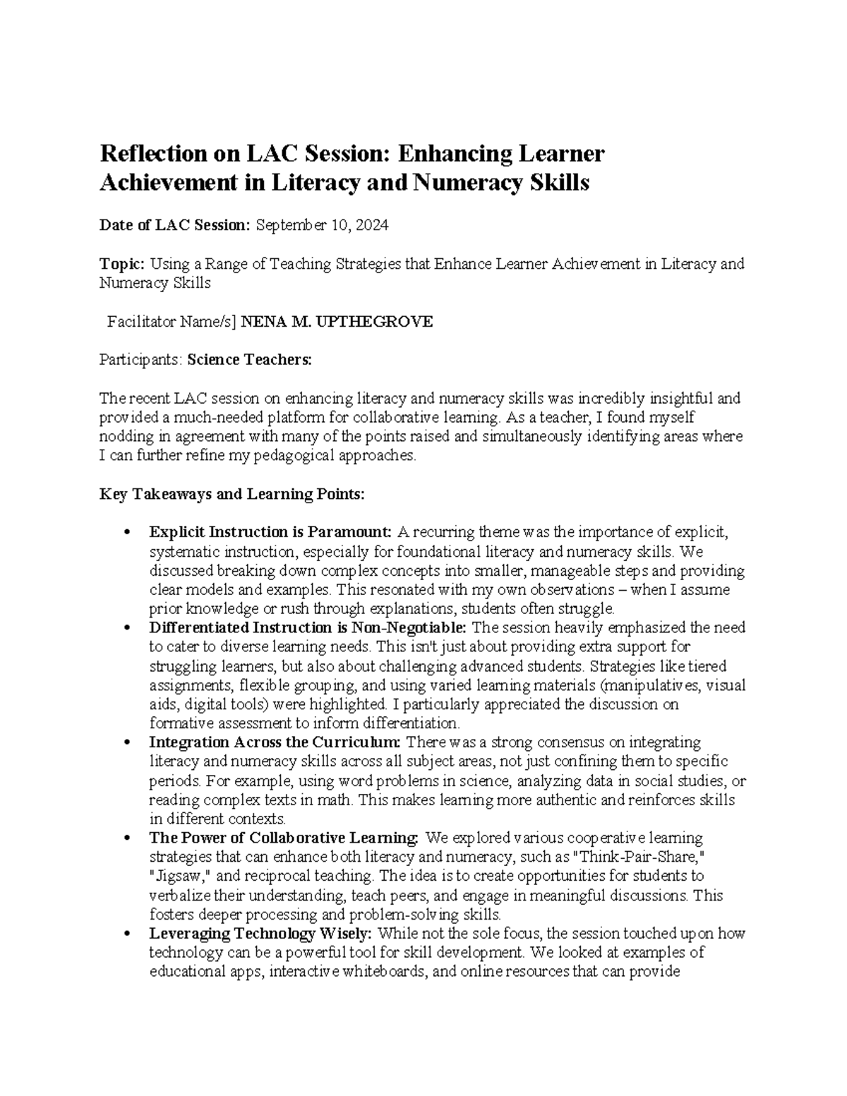 Reflection on LAC Session: Enhancing Literacy & Numeracy Skills (Obj 12) - Studocu