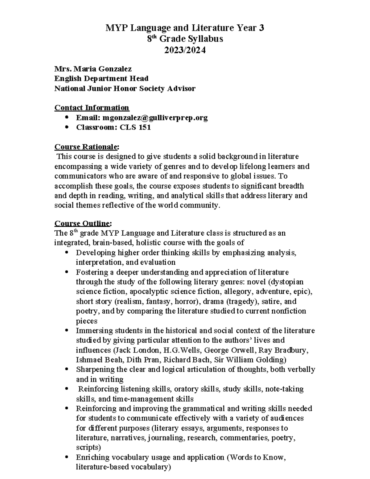 8th Grade MYP Language and Literature Syllabus 2023/24 - Studocu