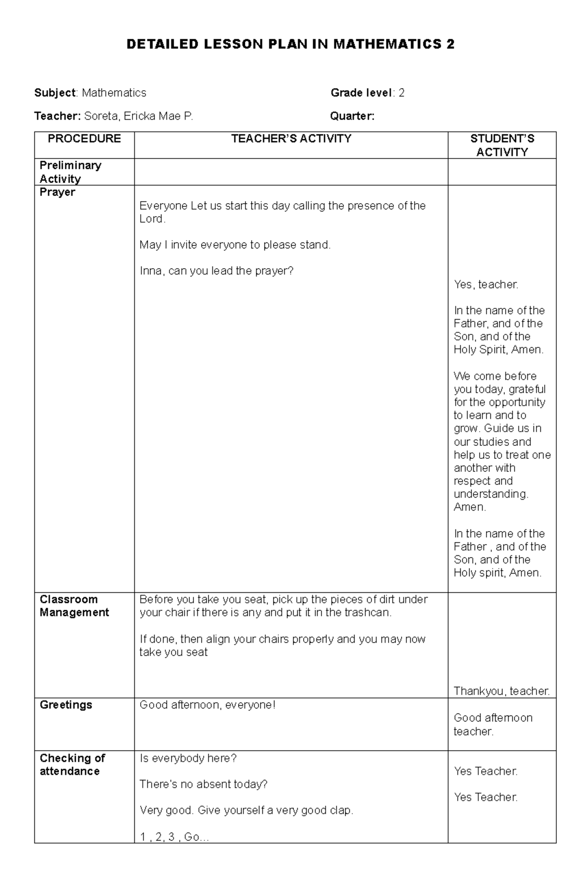 Soreta - lesson plan - DETAILED LESSON PLAN IN MATHEMATICS 2 Subject ...
