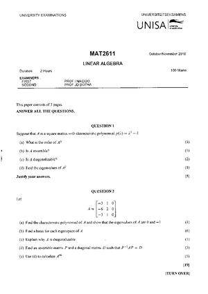 MAT2611 2011 Linear Algebra University Exam Solutions Memo - Studocu