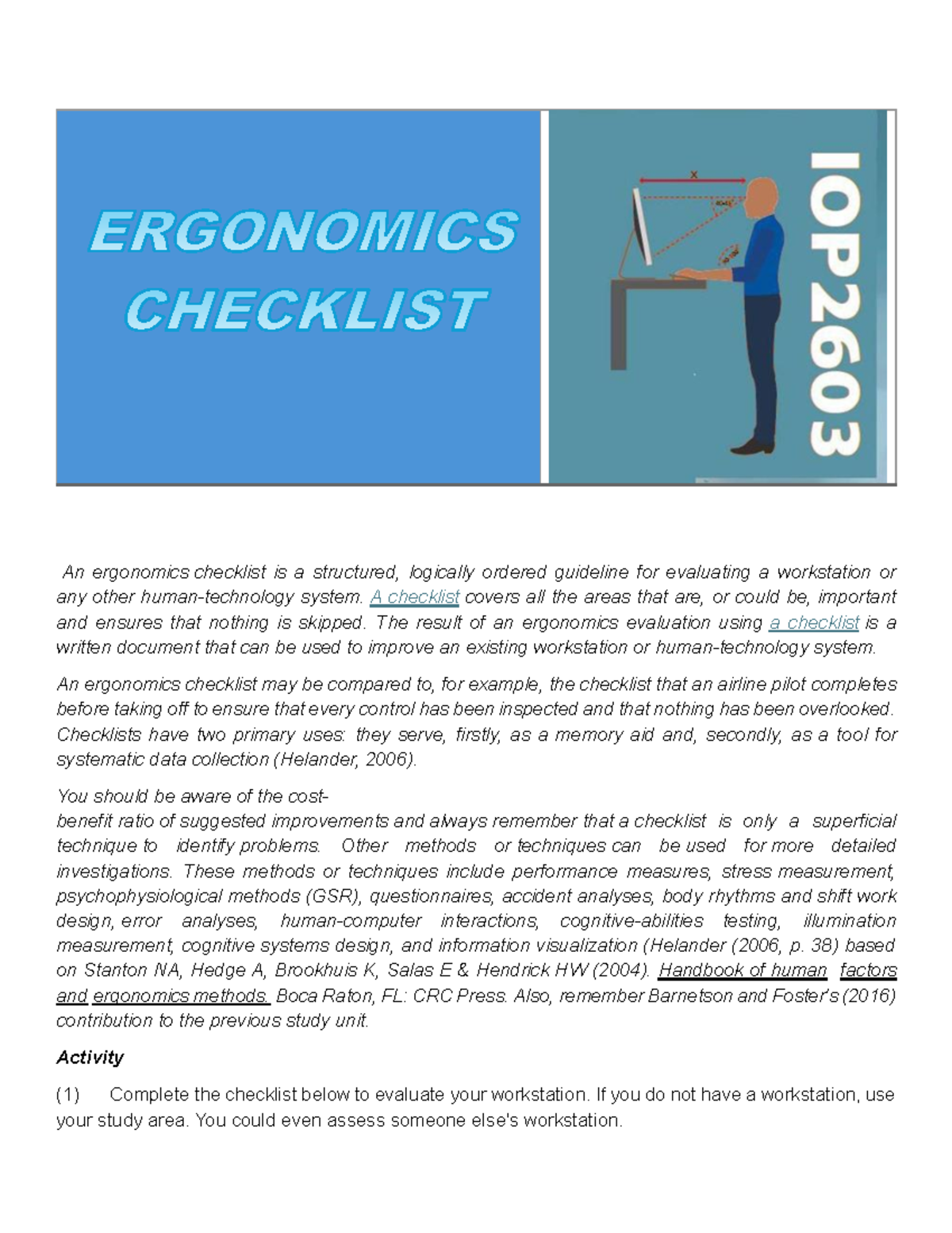 IOP2603: Ergonomics Workstation Assessment Checklist - Studocu