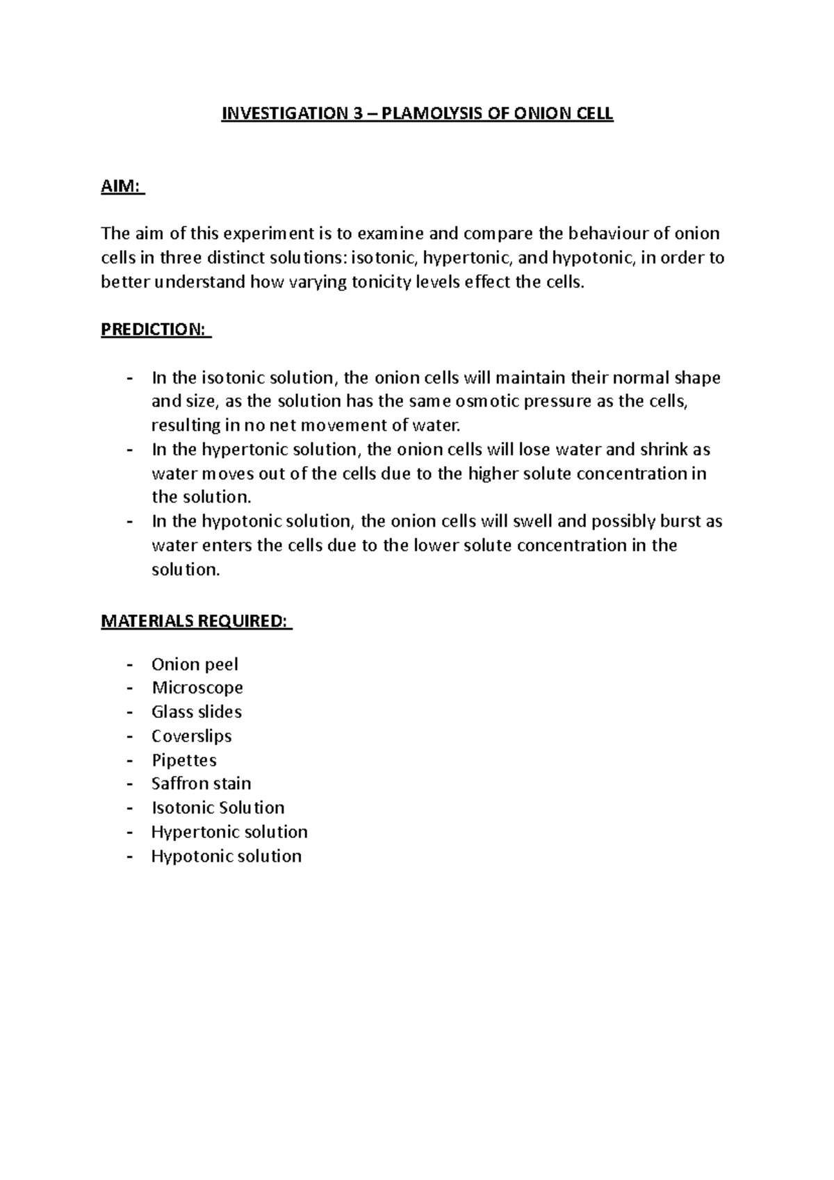 Investigation 3 - Plasmolysis of Onion Cells Lab Report - Studocu