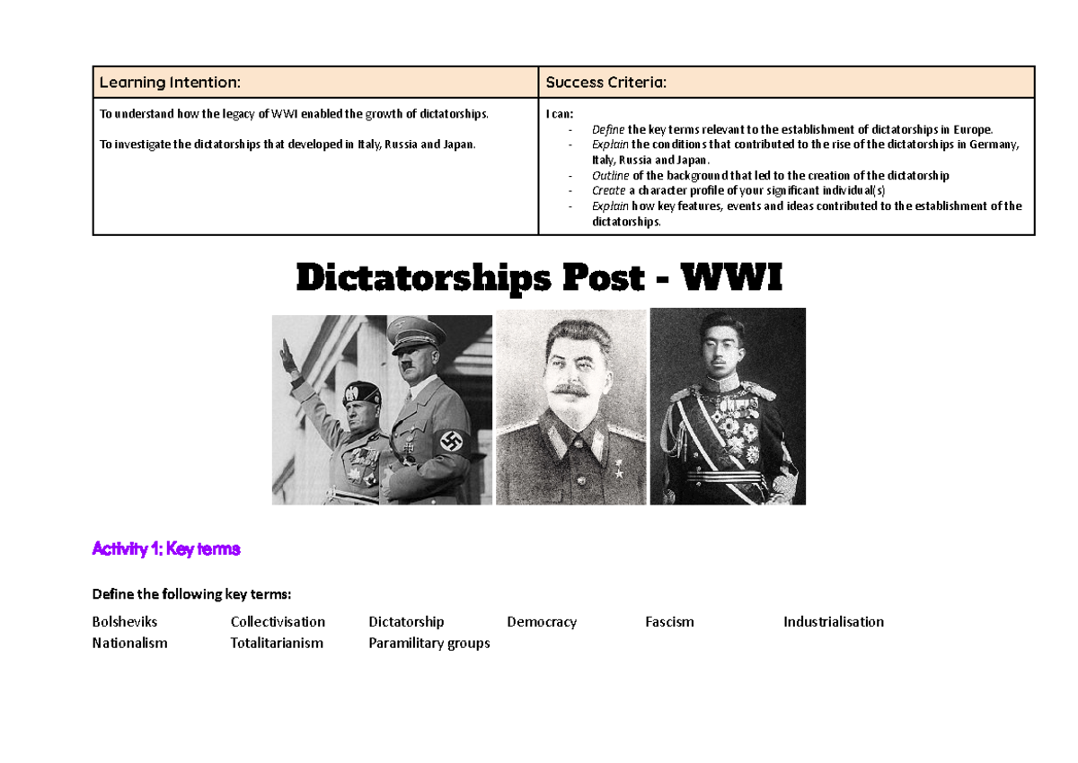 Dictatorships After WWI: The Rise of Stalin, Mussolini, and Tojo ...