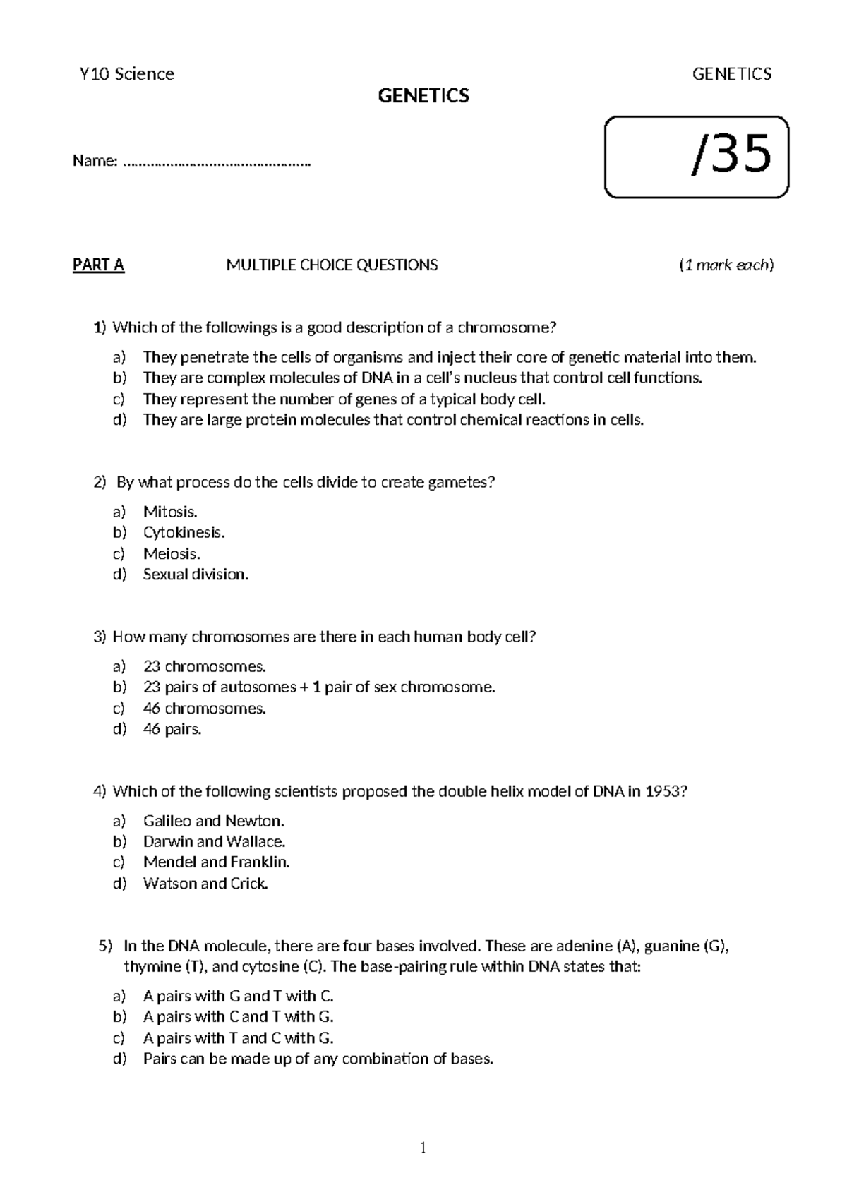 Y10 Science Genetics Quiz - Practice Questions and Answers - Studocu