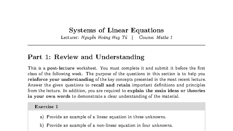 Maths 1: Systems of Linear Equations Worksheet Review - Studocu