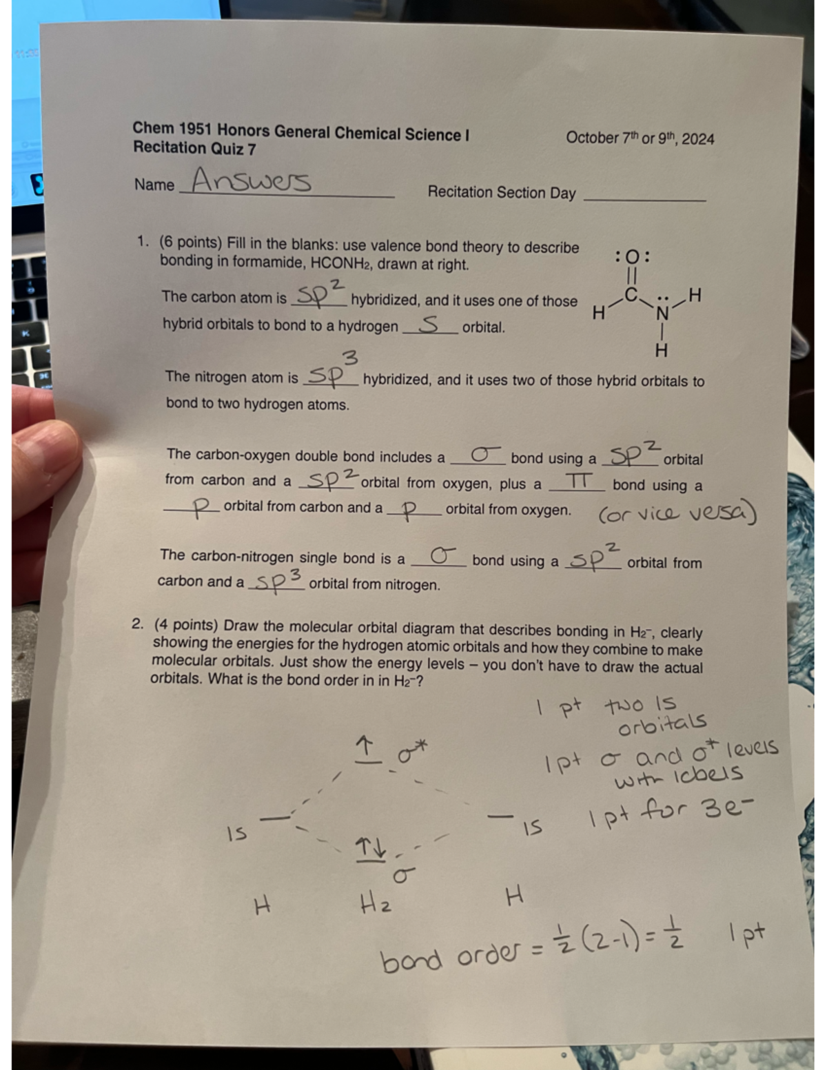 Recitation Quiz 7 - (6 points) Fill in the blanks: use valence bond ...