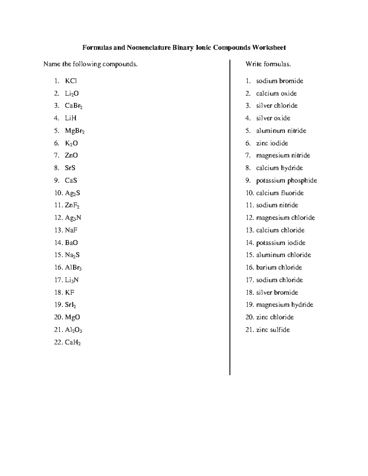 Binary Compounds Worksheet: Formulas & Nomenclature - Studocu