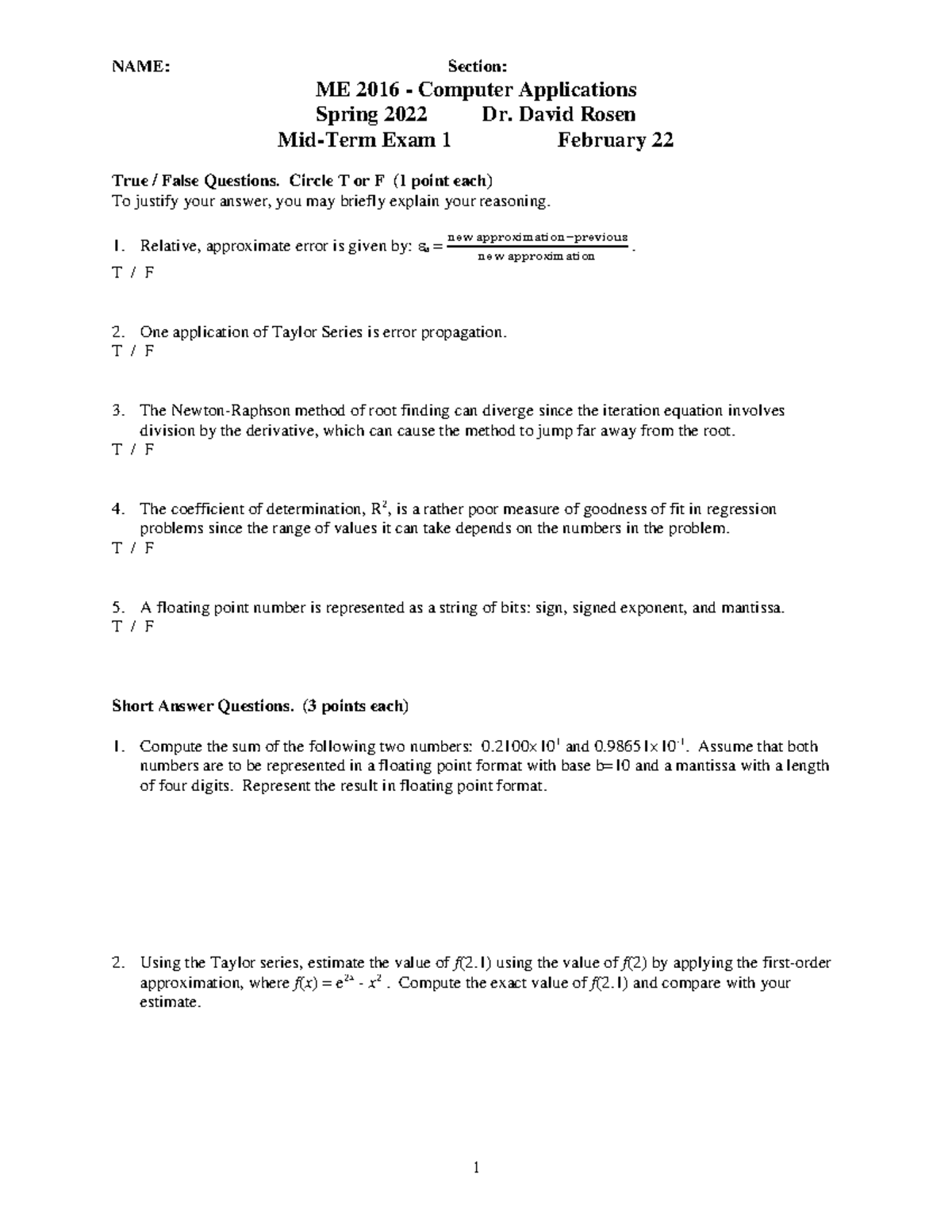 ME2016 Midterm Exam 1 Sp22 - Practice Test Questions and Solutions ...