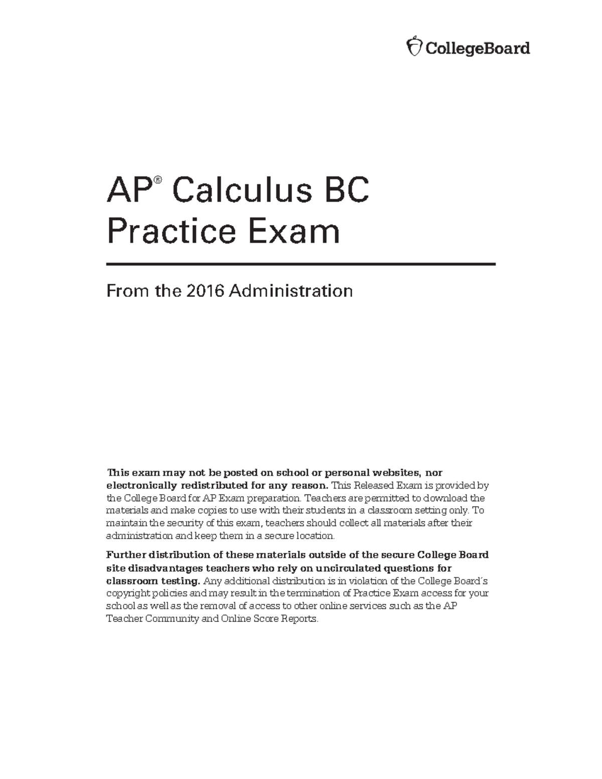 2016 AP Calculus BC Practice Exam: MCQ Questions & Answers Guide - Studocu
