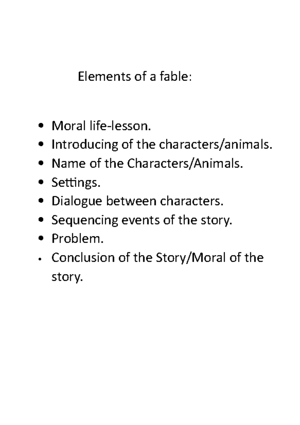 Elements of a fable and its purposes - English - Elements of a fable ...
