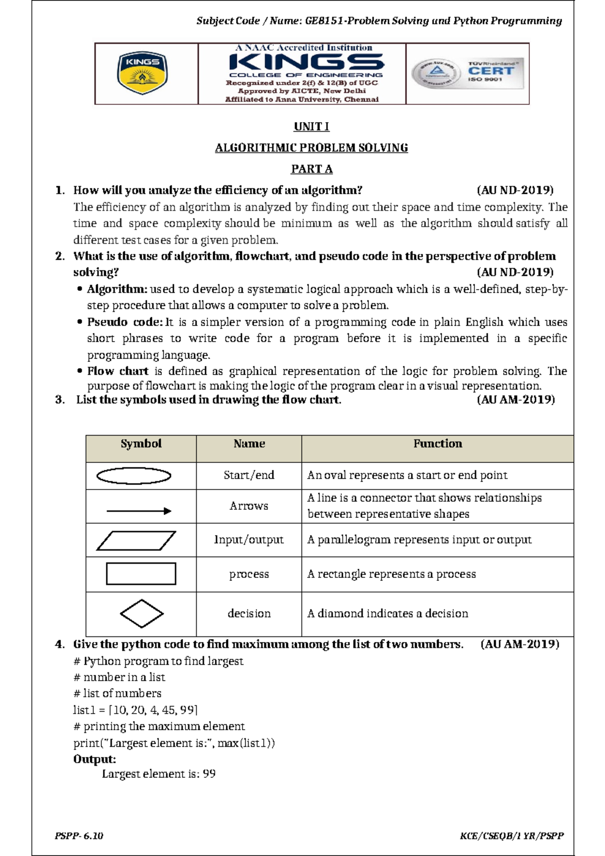 PSPP Qbank 20-21 ODD - good - Subject Code / Name: GE8151-Problem ...