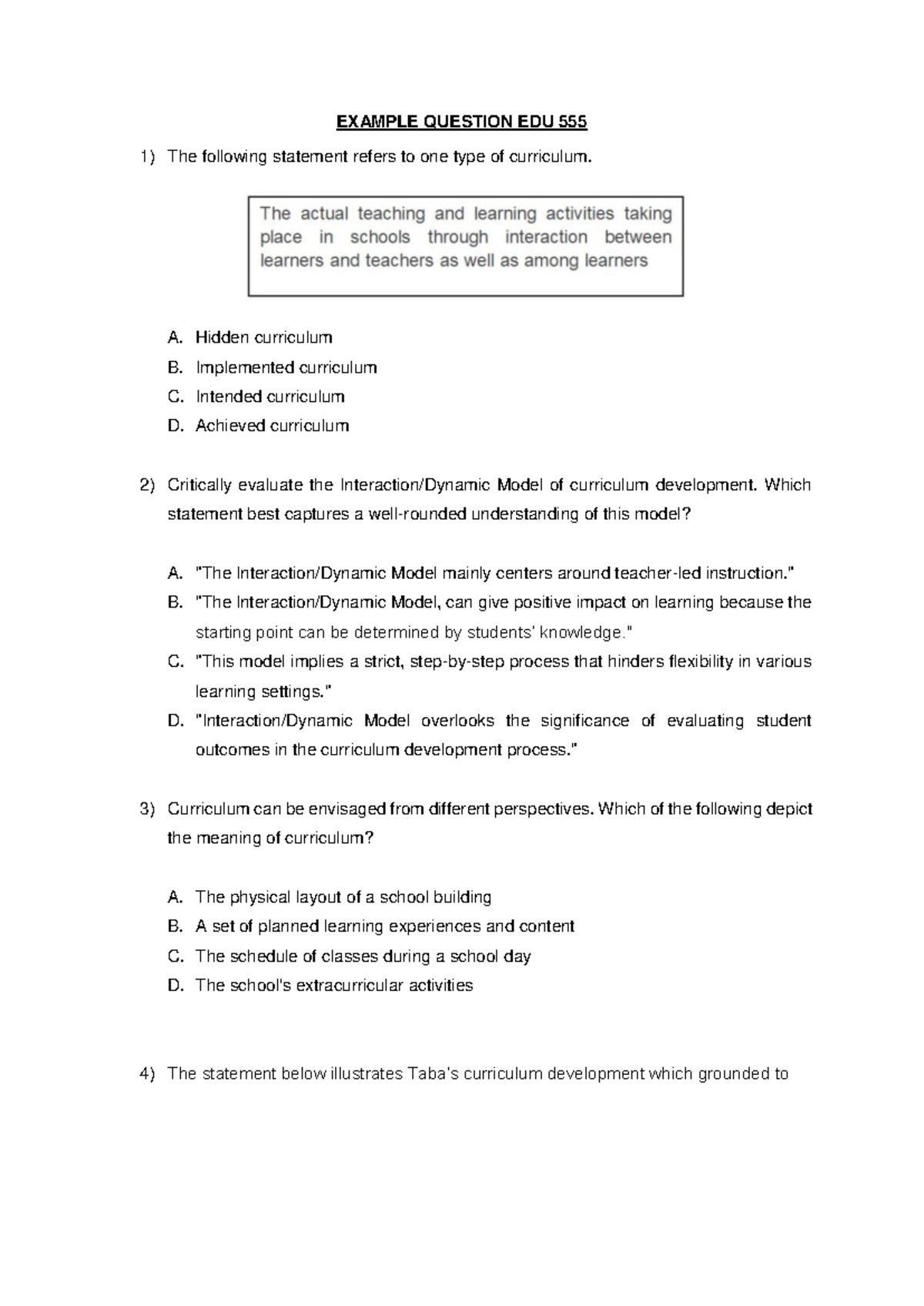 Example Questions and Answers for EDU 555 Curriculum Studies - Studocu