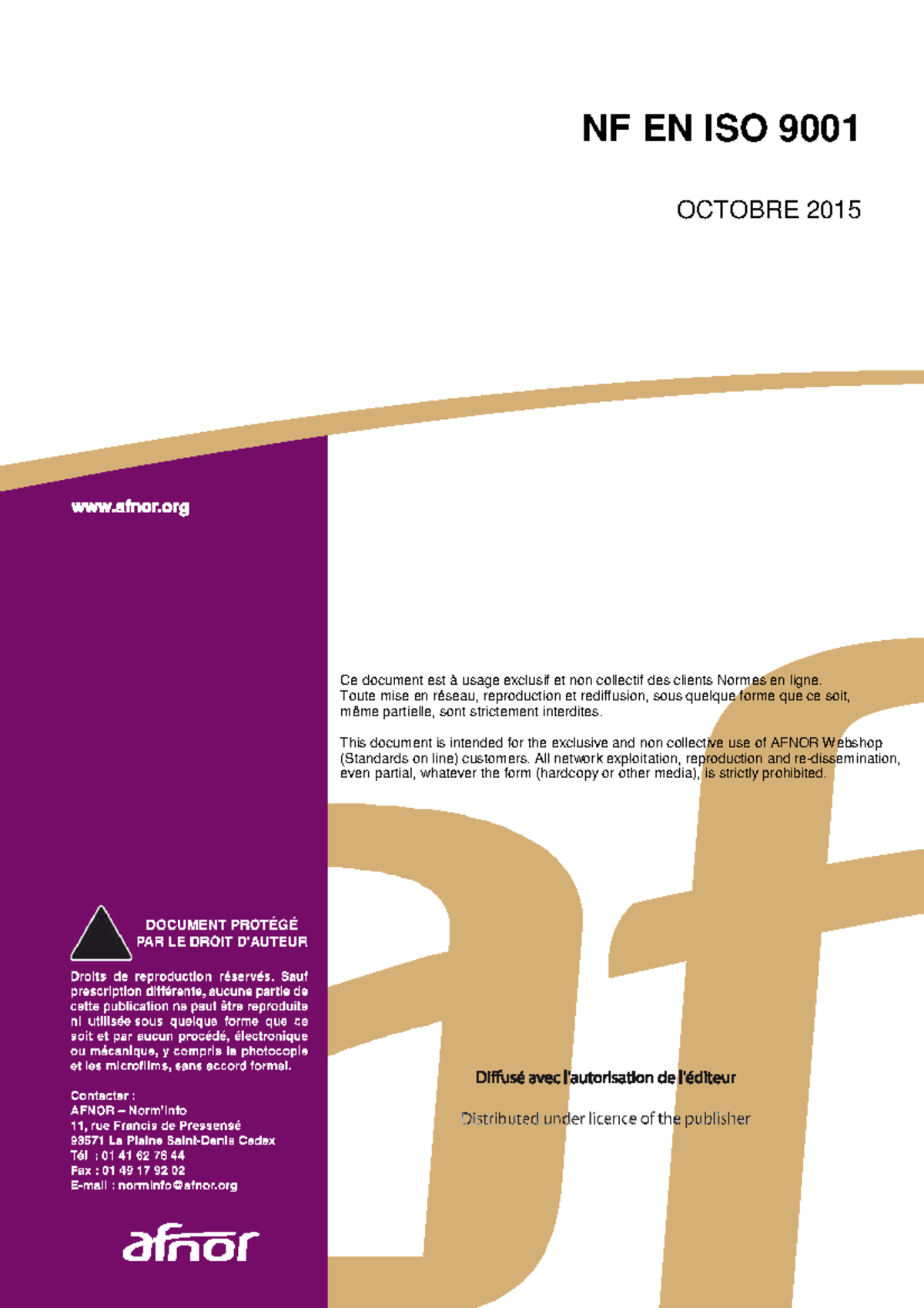 NF EN ISO 9001:2015 - Norme de Management de la Qualité - Studocu