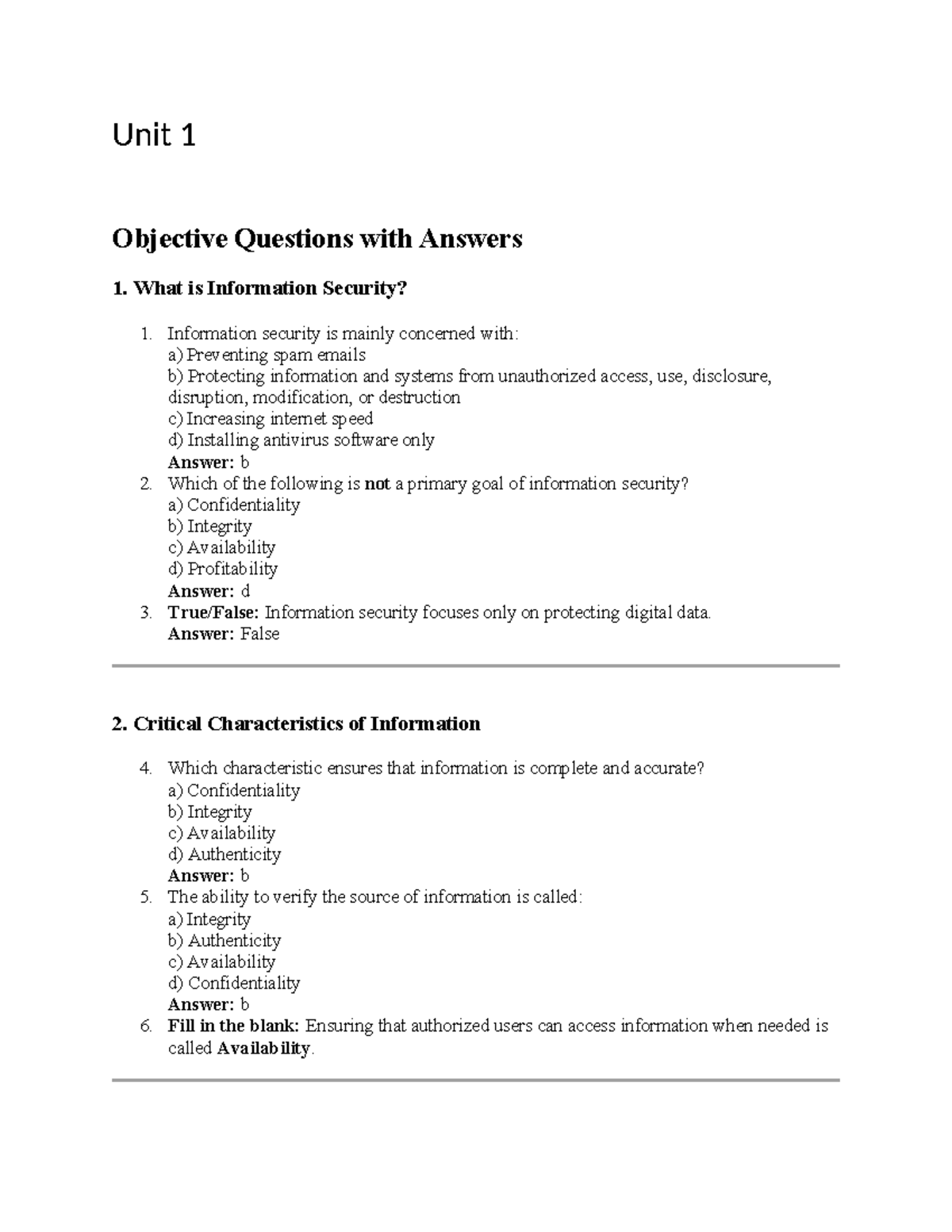 Unit 1 MCQ: Information Security Concepts and Objective Questions - Studocu