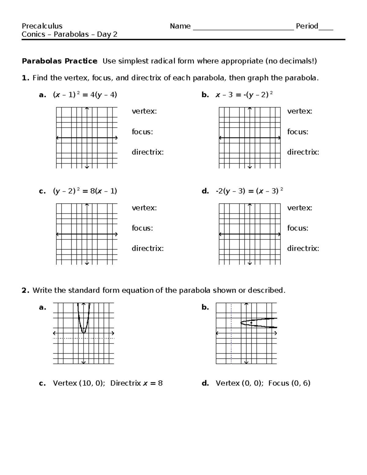 Precalc 01-29 Day 2: Parabola Practice & Graphing Techniques - Studocu