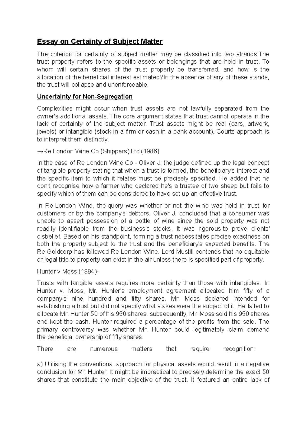 Essay on Certainty of Subject Matter in Trust Law (LAW 101) - Studocu
