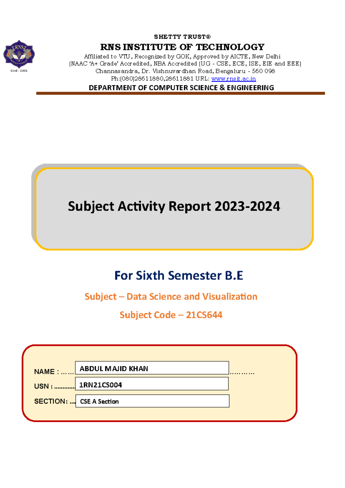 DSV-21CS-Activity Report by Abdul Majid Khan for 2023-2024 - Studocu