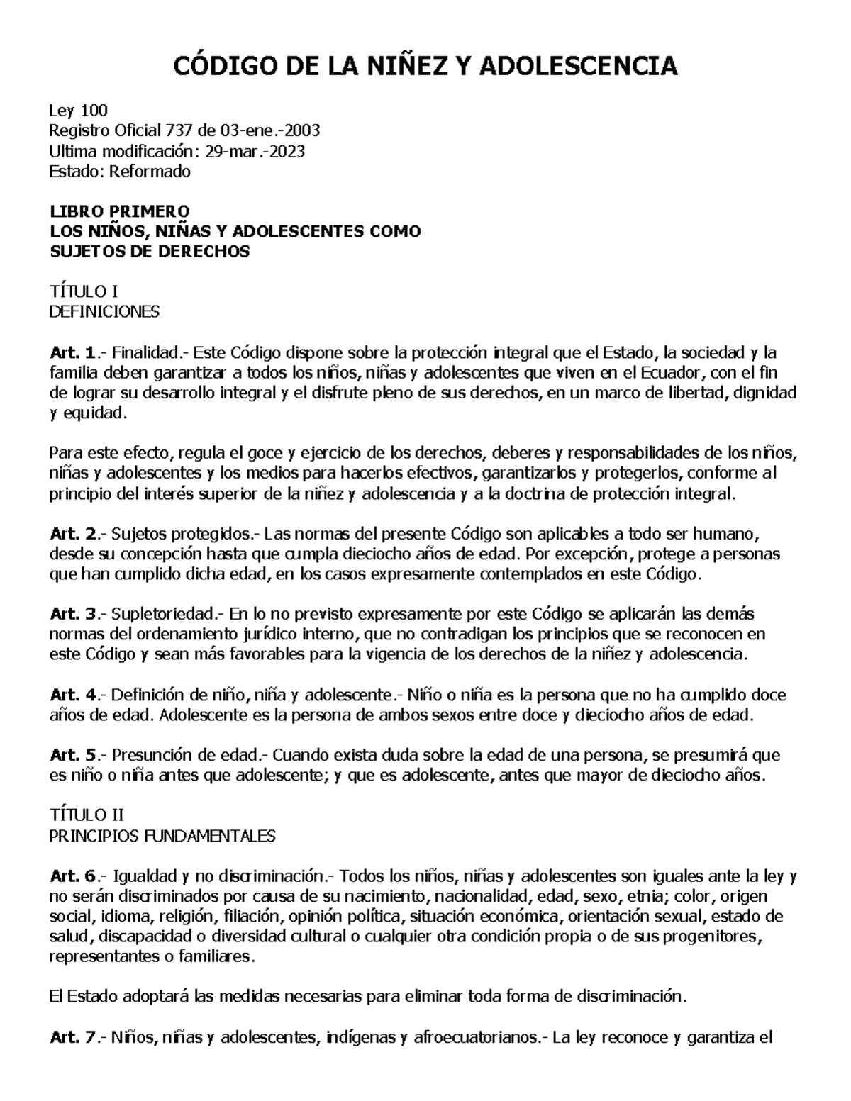 Código de la Niñez y Adolescencia: Ley 100 y Principios Fundamentales - Studocu