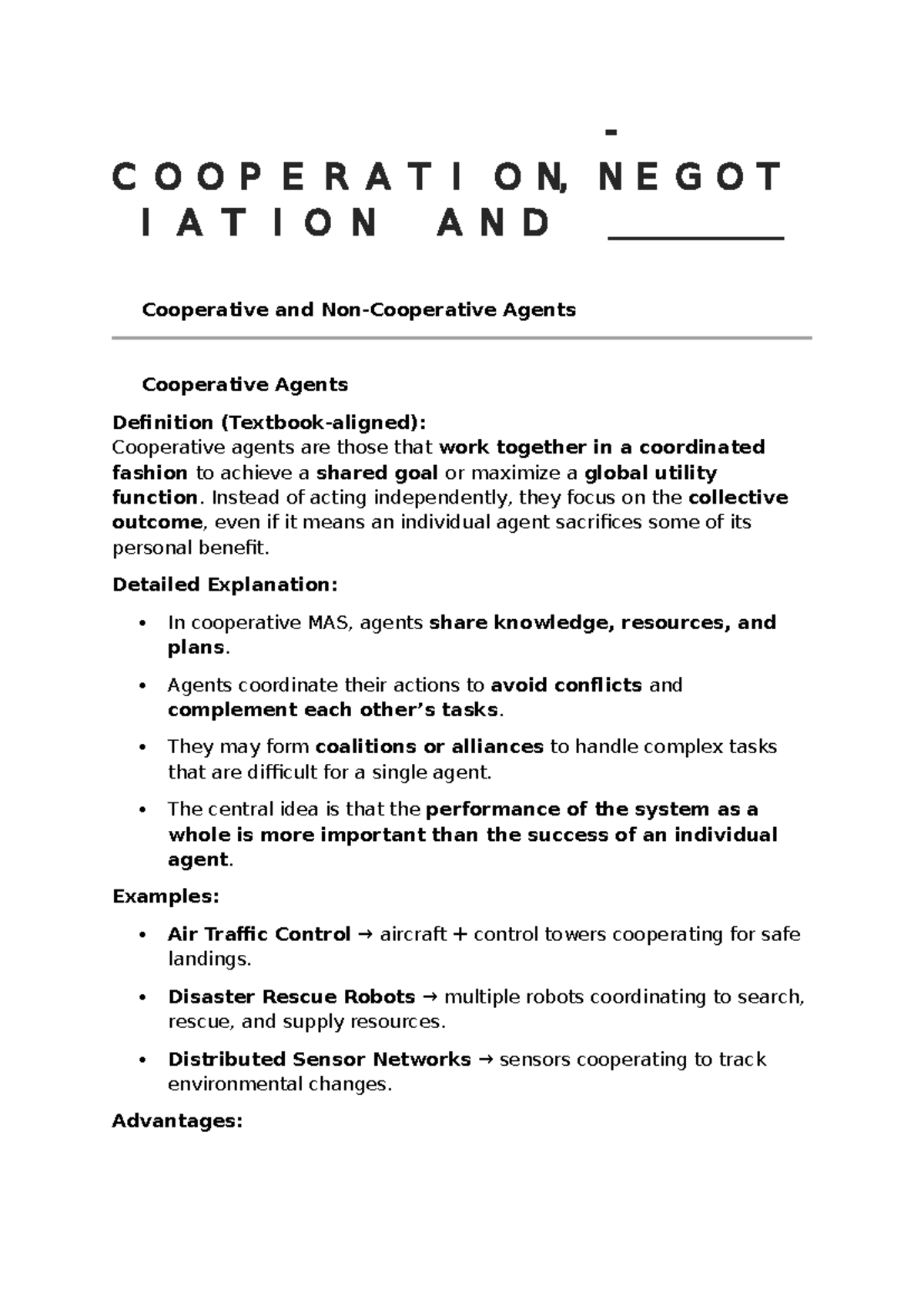 UNIT 3-MAS: Cooperation, Negotiation, and Learning in Multi-Agent ...