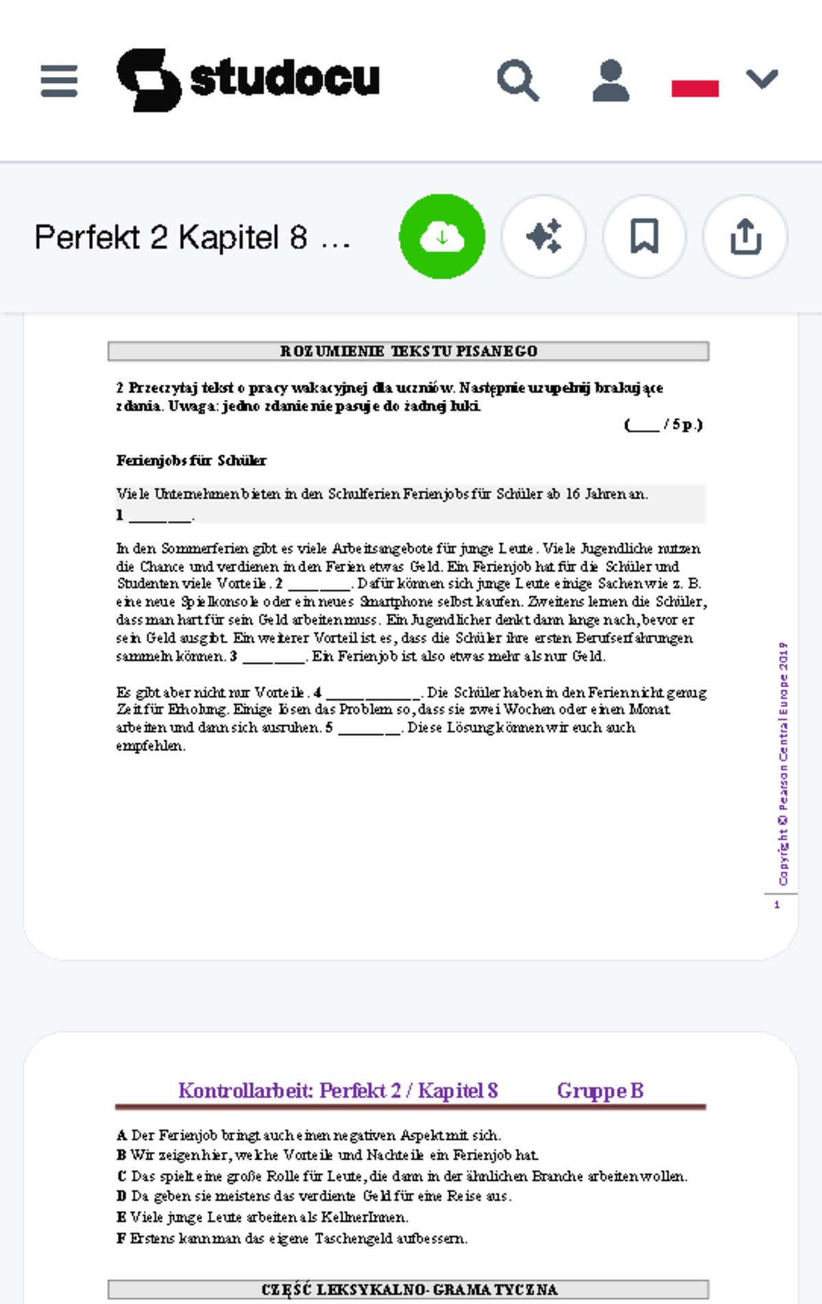Kontrollarbeit: Perfekt 2 Kapitel 8 Test B - Gruppe B Übersicht - Studocu