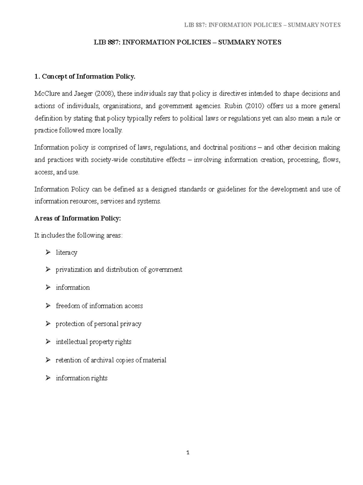 LIB 887: Summary Notes on Information Policies and Their Importance ...
