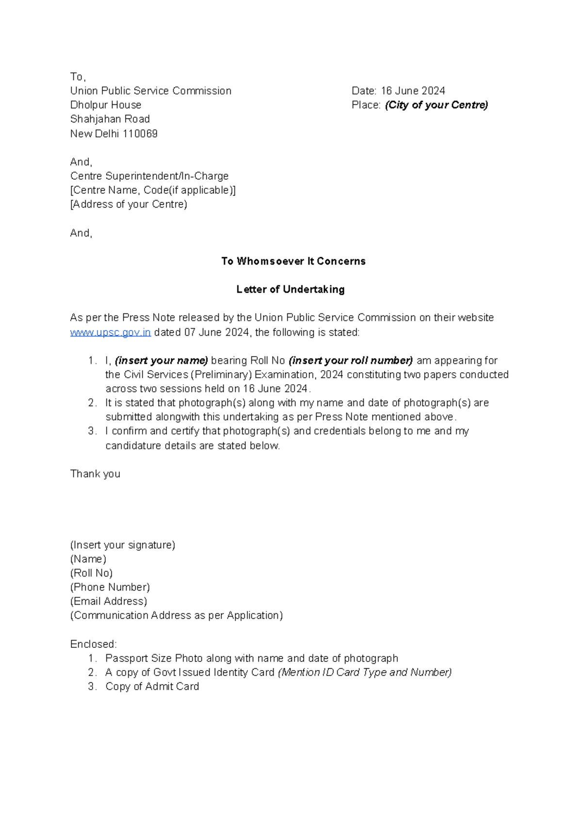 UPSC Prelims 2024 Letter of Undertaking Format Guide - Studocu