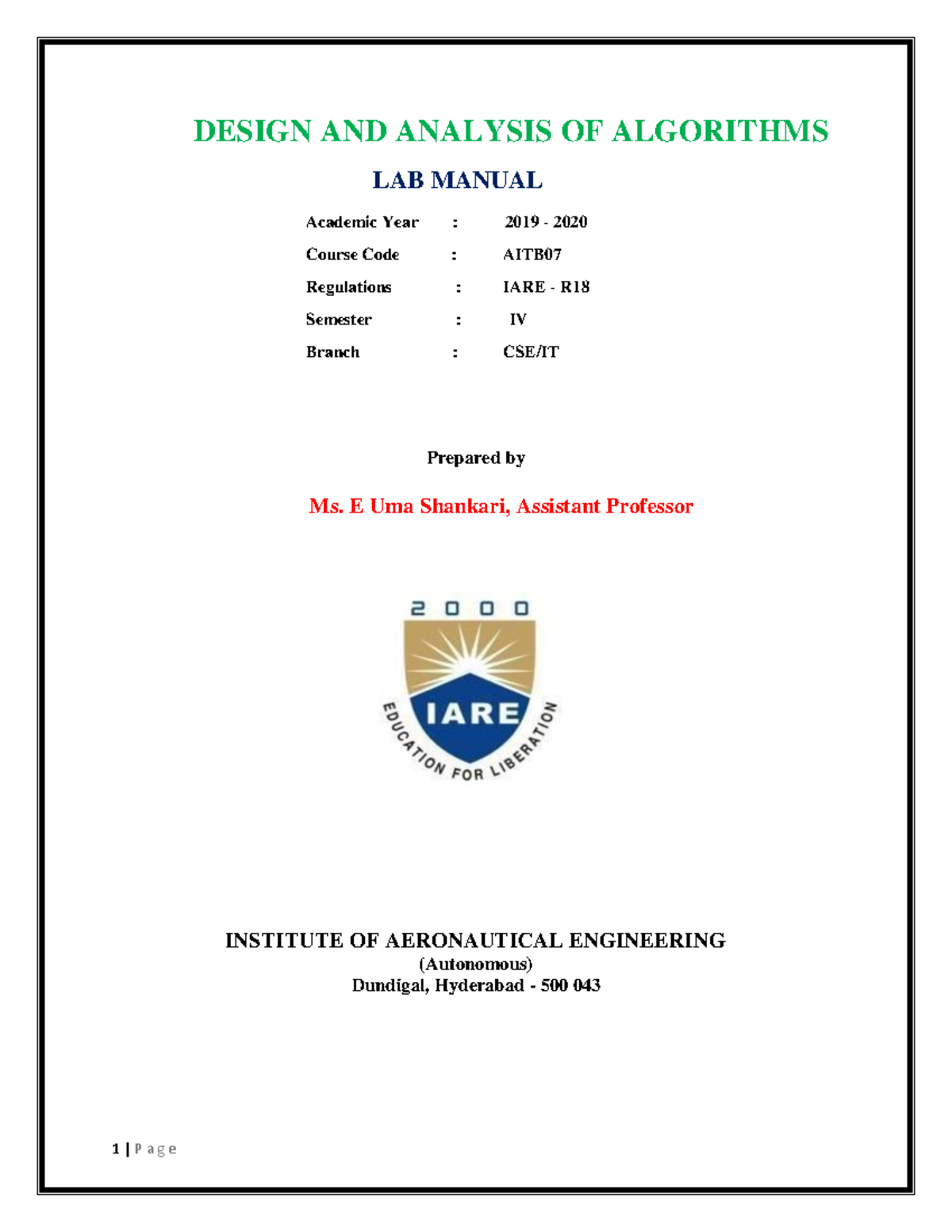 Algorithm Lab Manual: Design & Analysis (C++) - AITB, Sem IV - Studocu