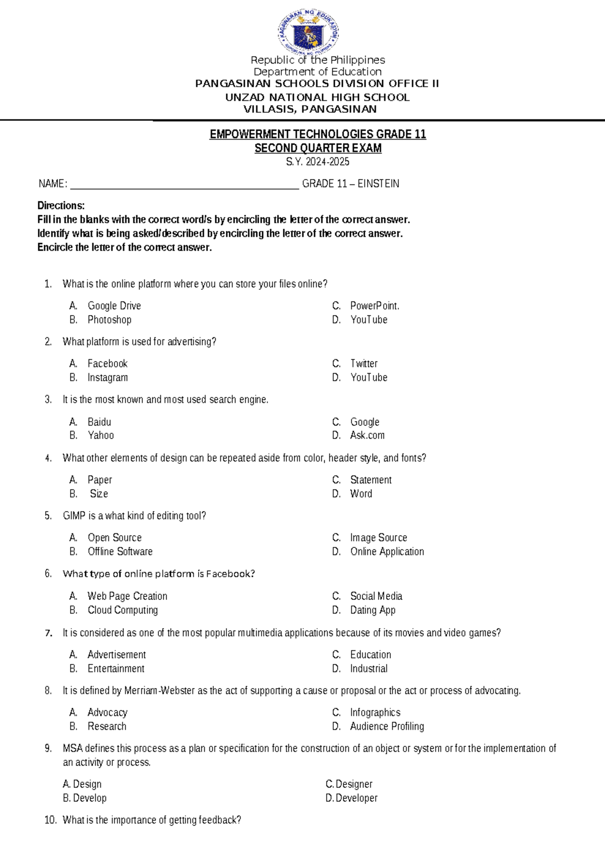 2ND Quarter - EMP TECH - reference - Republic of the Philippines ...