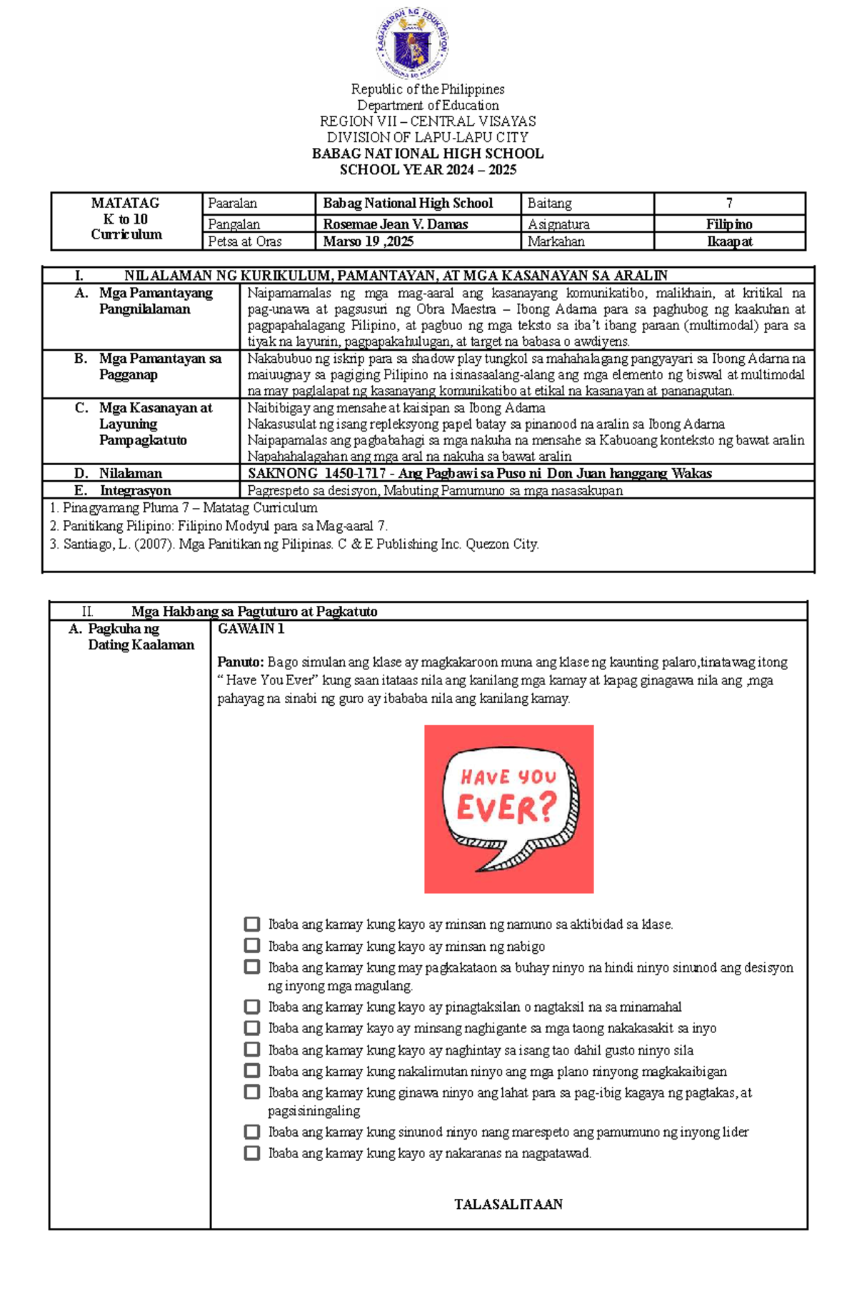 G7 - Filipino Curriculum Overview and Lesson Plans for Ibong Adarna ...