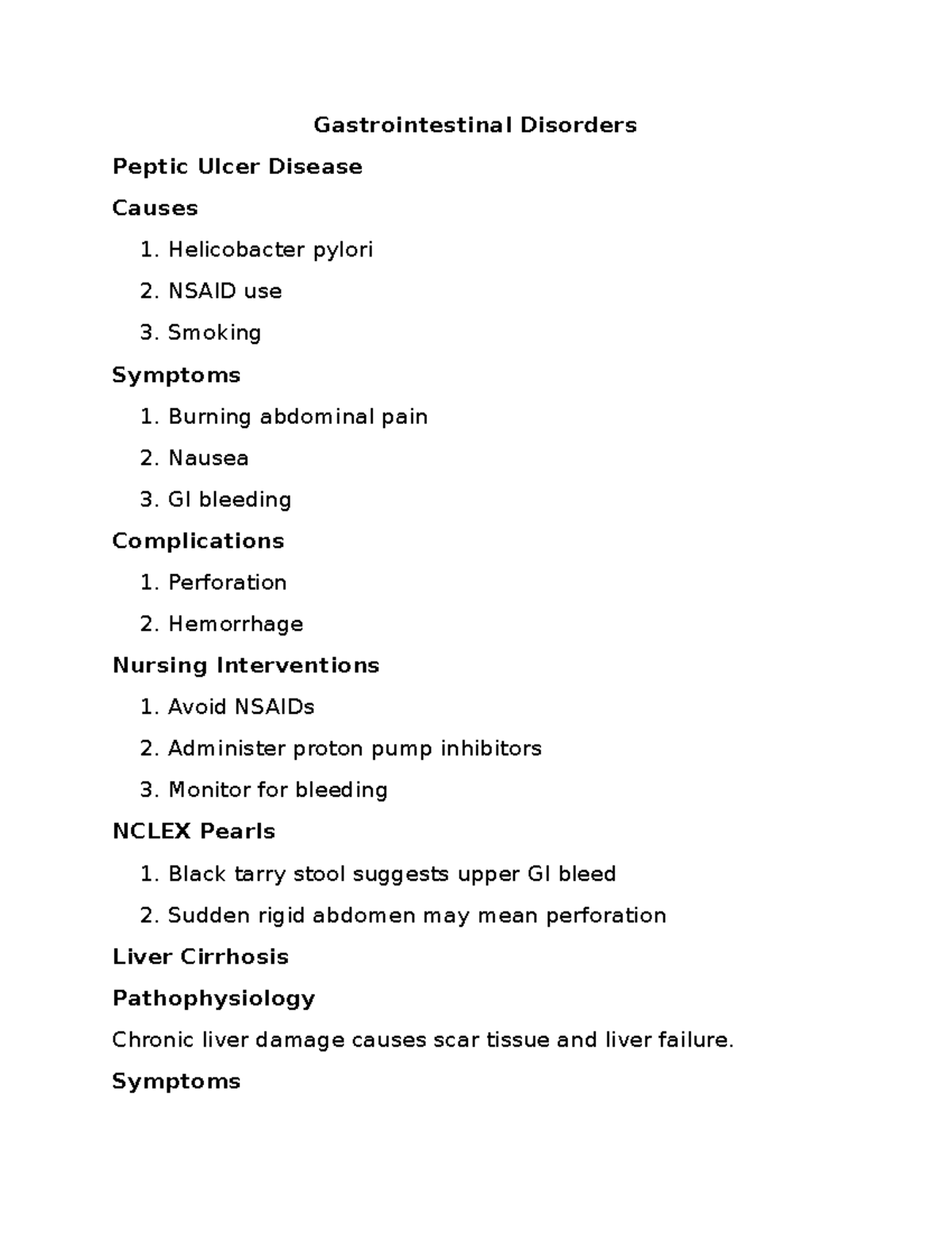GI Disorders - Peptic Ulcer Disease & Liver Cirrhosis Notes - Studocu