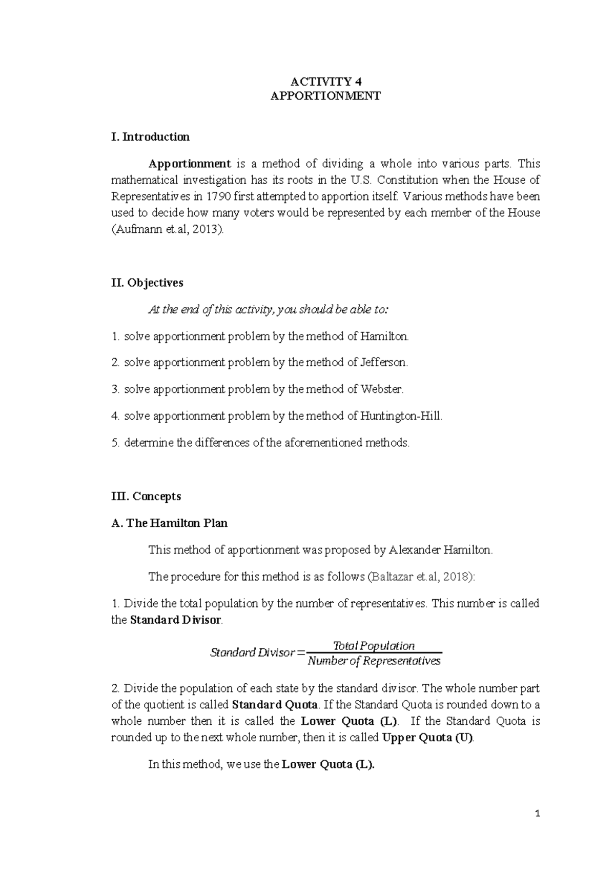 ACTIVITY 4: APPORTIONMENT METHODS IN MATHEMATICS - Studocu