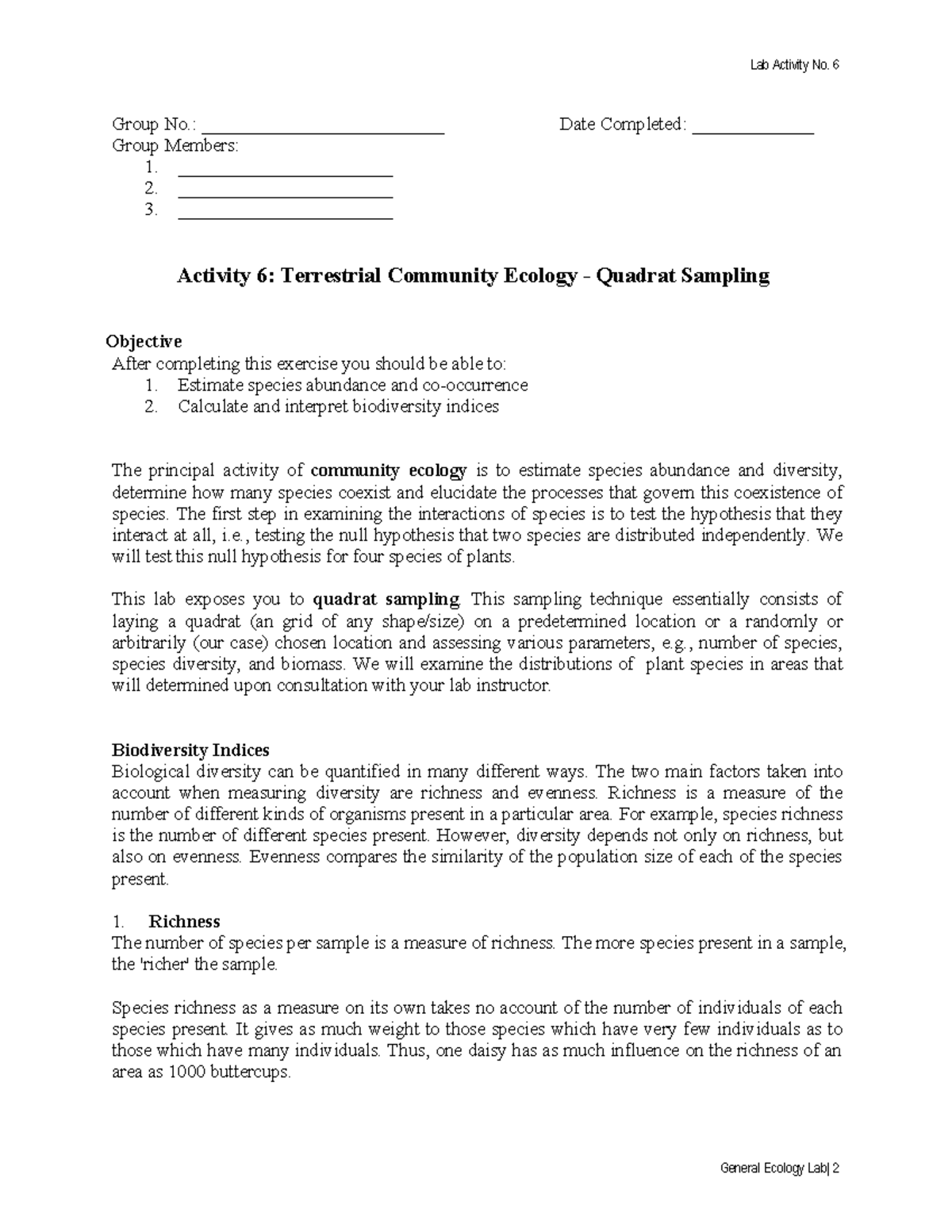 Lab 6: Terrestrial Community Ecology & Quadrat Sampling Techniques ...