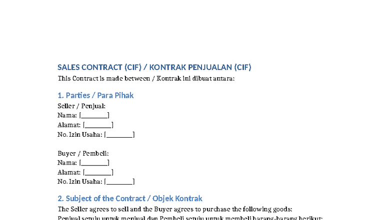 SALES CONTRACT (CIF) / KONTRAK PENJUALAN (CIF) - Overview - Studocu