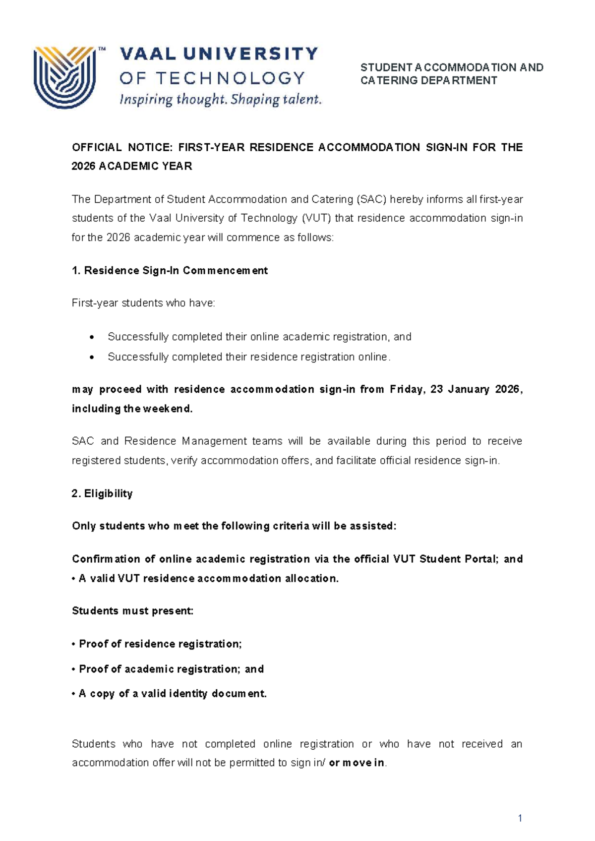 VUT SAC Notice: 2026 Residence Accommodation Sign-in for First-years ...