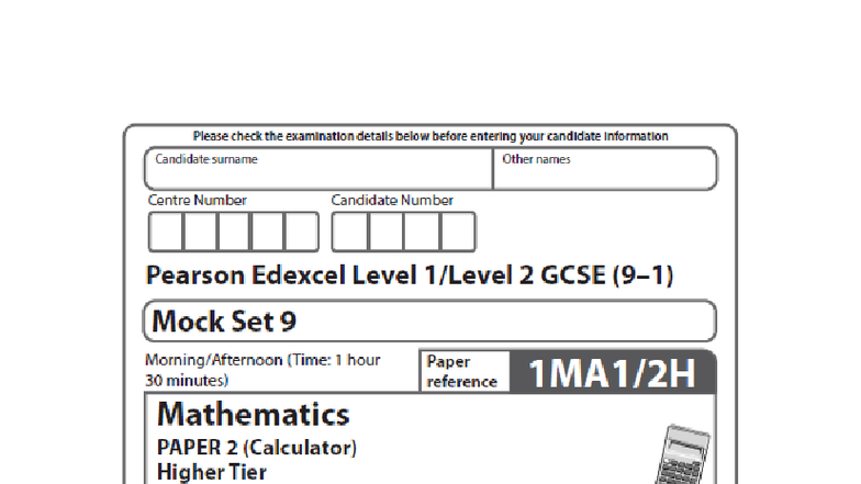 GCSE Maths Mock Set 9 1MA1 2H Question Paper - Studocu