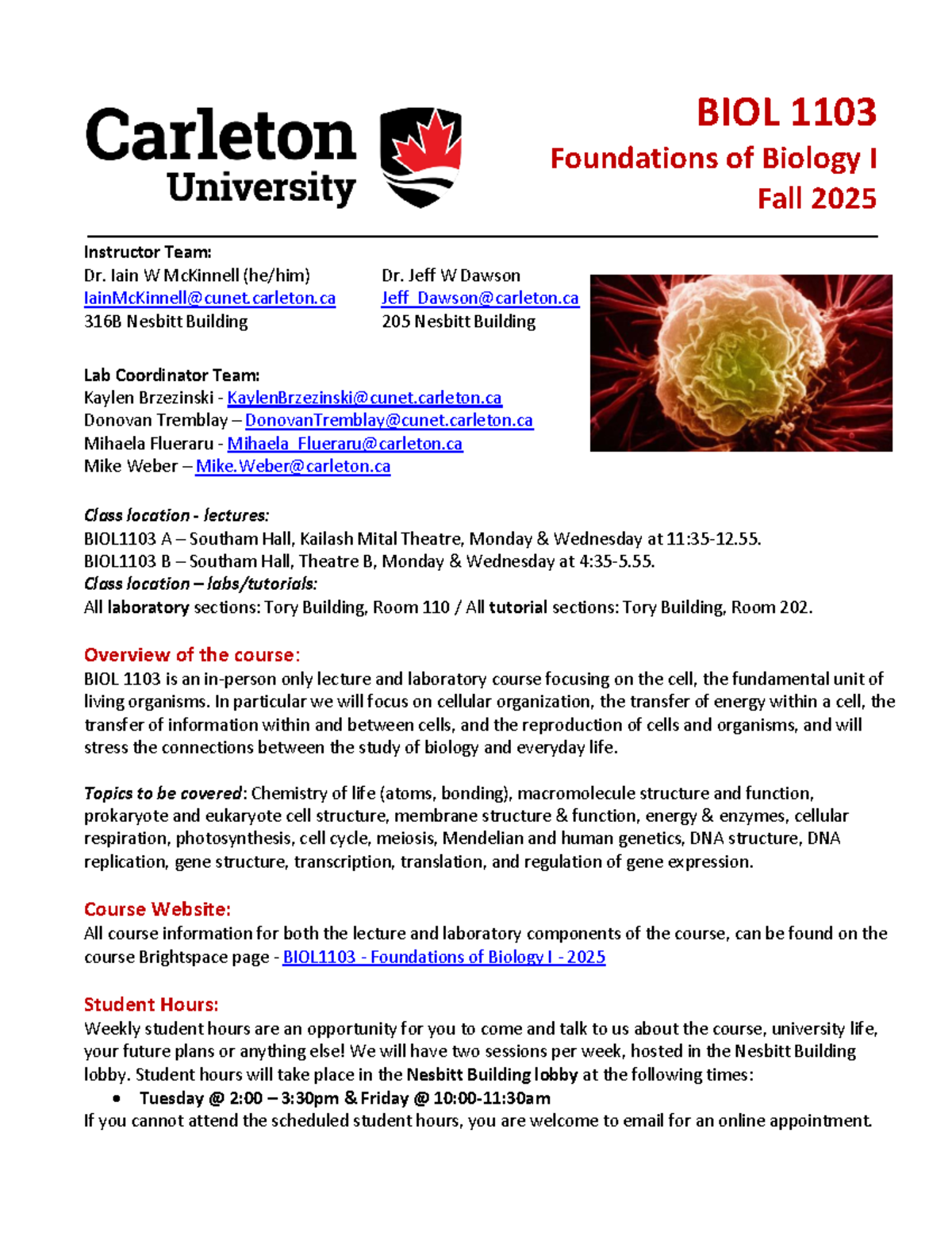 BIOL 1103 Foundations of Biology I - Course Outline Fall 2025 - Studocu