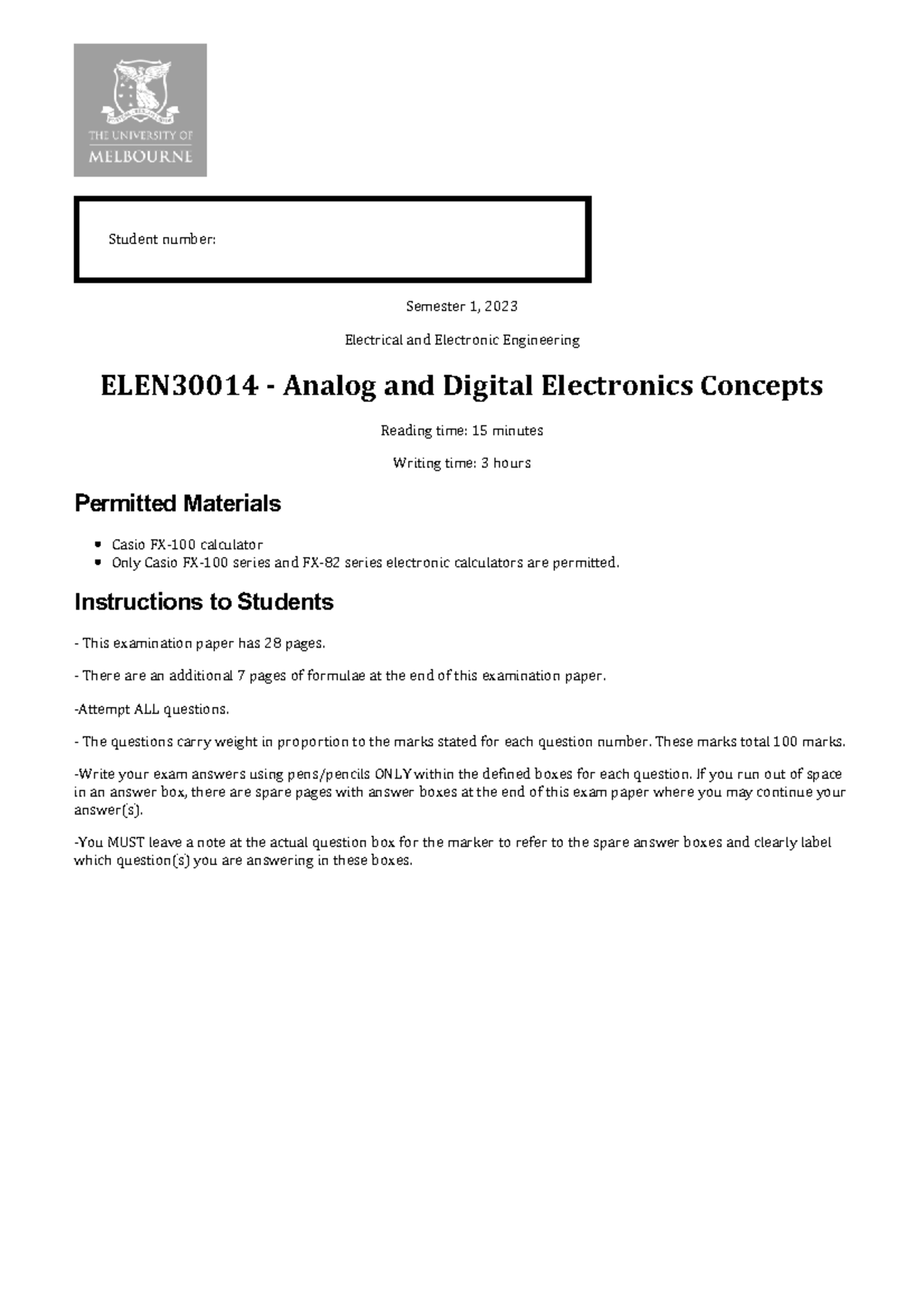 ELEN30014 Final Exam Paper: Analog & Digital Electronics S1 2023 - Studocu