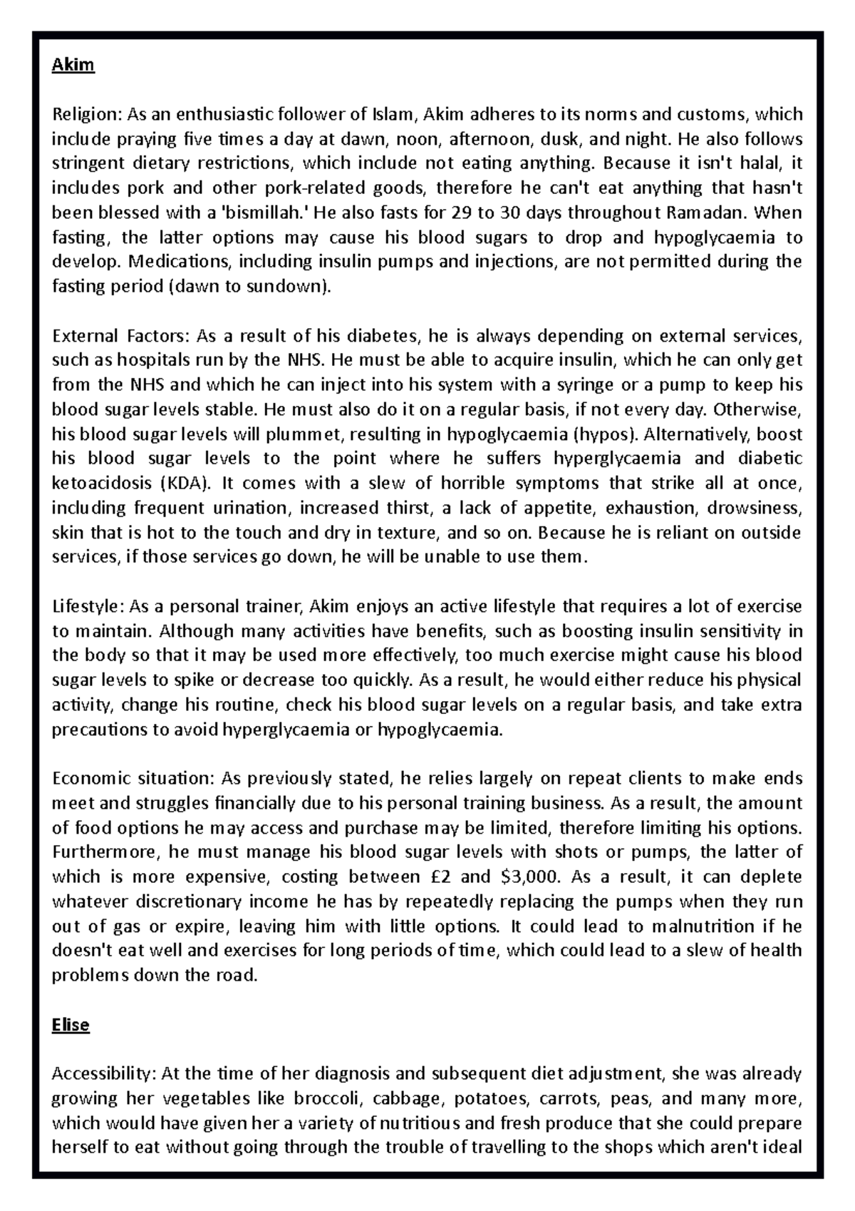 Unit 19 Learning Aim B: Nutritional Comparison Report on Akim and Elise - Studocu