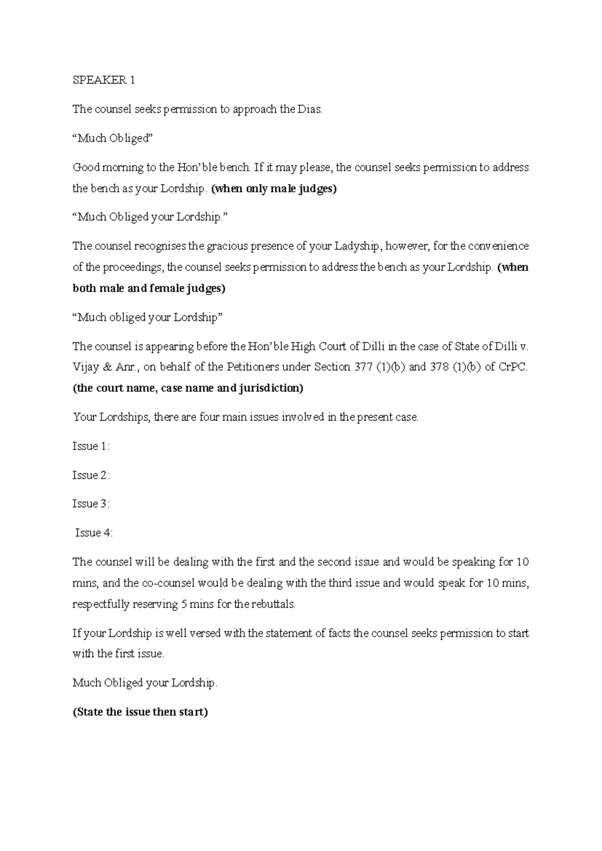 SPEAKER GUIDELINES: Framing Arguments for State of Dilli v. Vijay Anr ...