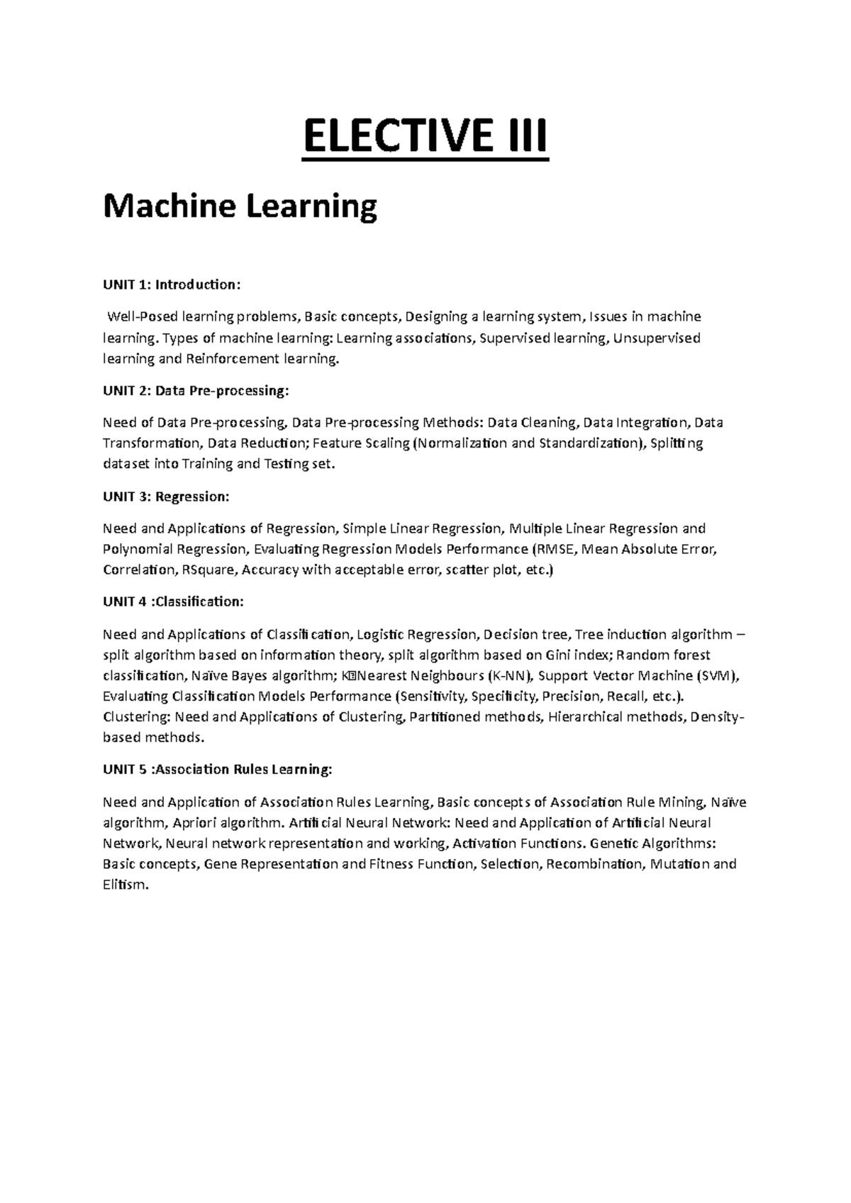 Elective III: Comprehensive Guide to Machine Learning Concepts - Studocu