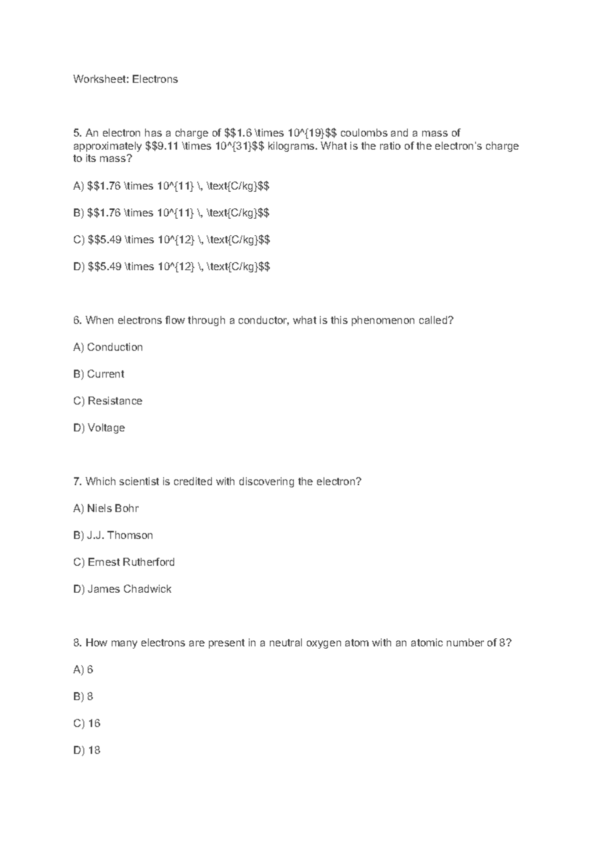 Electrons 2 - Practice Questions - Worksheet: Electrons 5. An electron ...