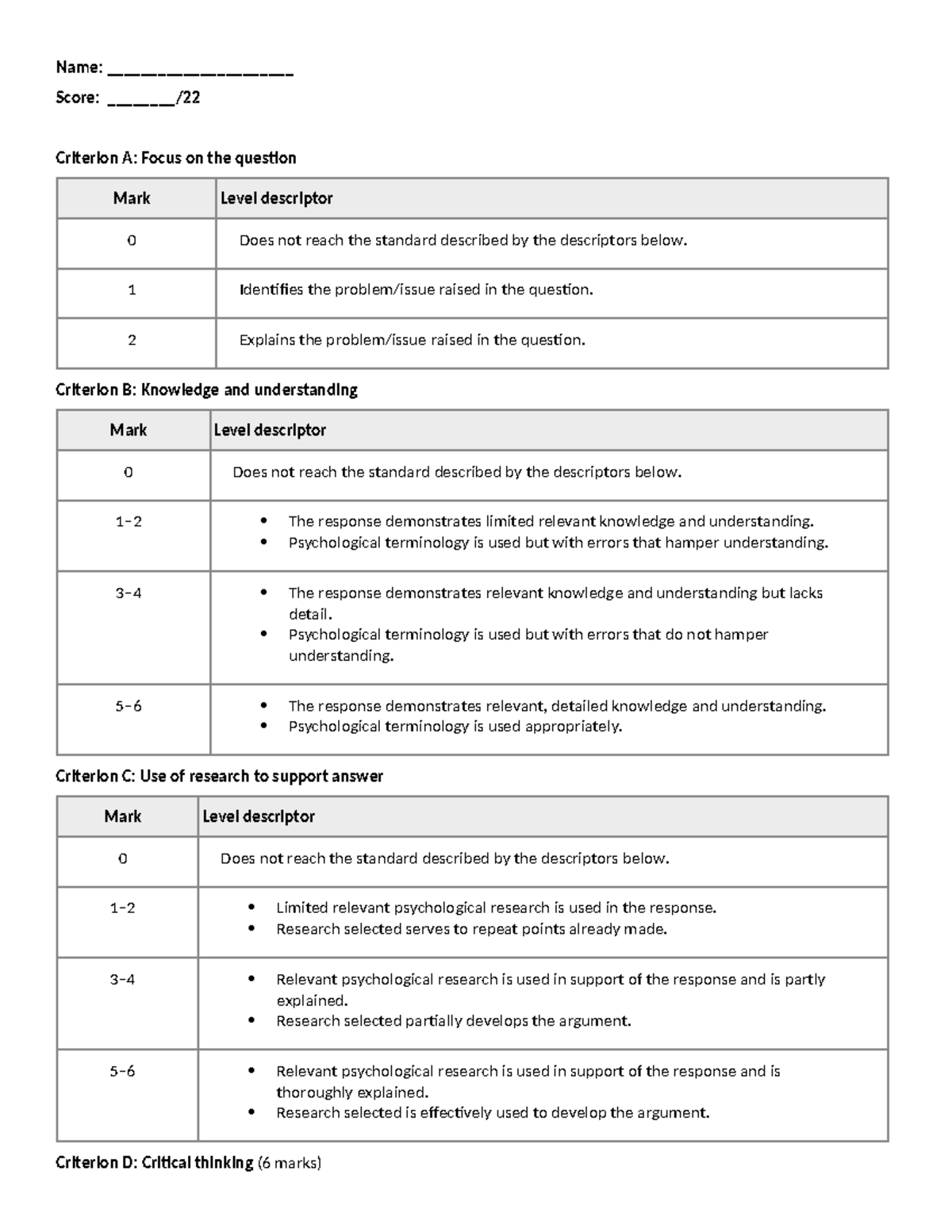 ERQ Rubric: Assessment Criteria for Psychological Responses - Studocu