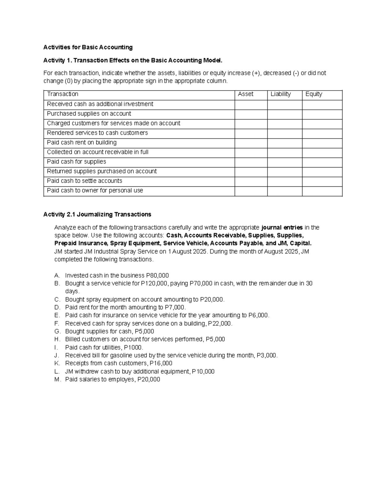 Activities for FAR 1 - Basic Accounting Transactions and Adjustments - Studocu