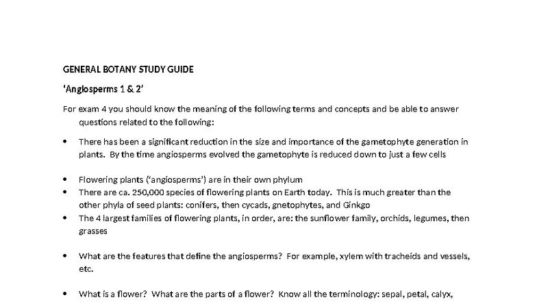 GENERAL BOTANY STUDY GUIDE 1: Angiosperms for Exam 4 - Studocu